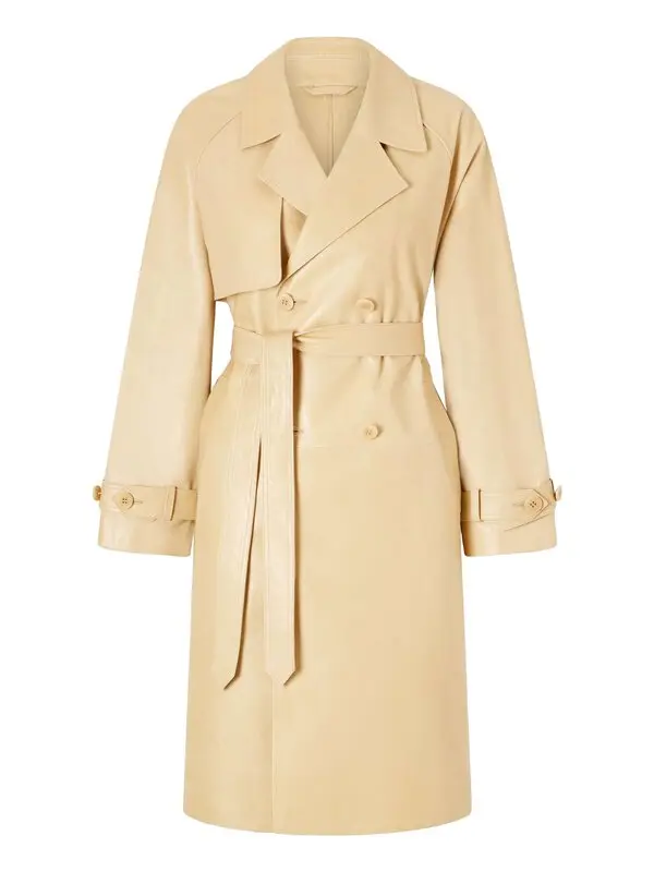Nour Hammour Double-breasted Belted Leather Trench Coat - Pastel Yellow