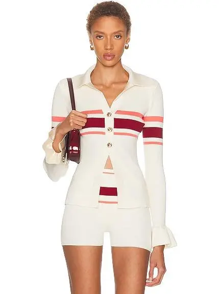 SELF-PORTRAIT Stripe Viscose Knit Button Top - Cream