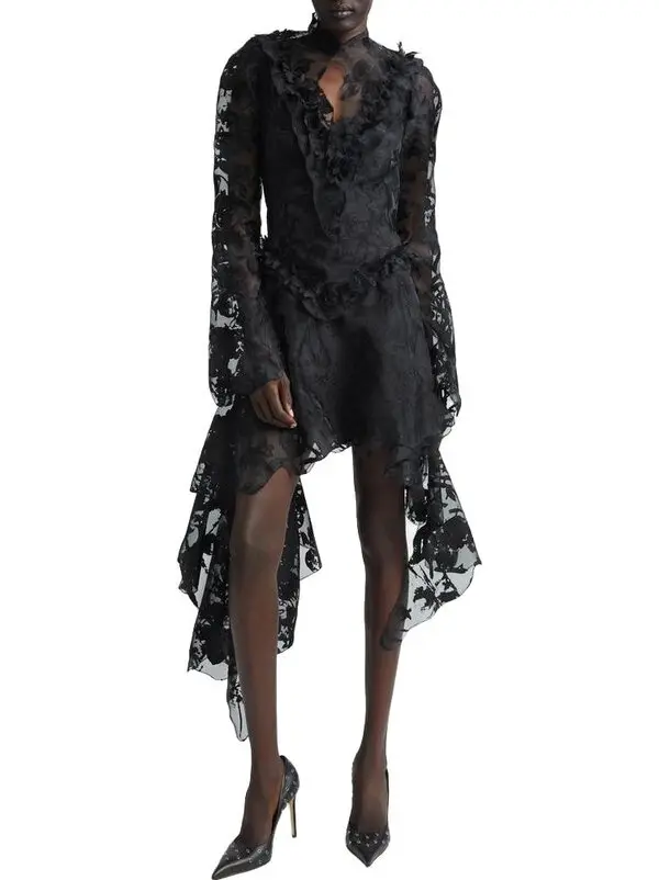 Alexander McQueen Long Sleeve Devoré Dress - Black