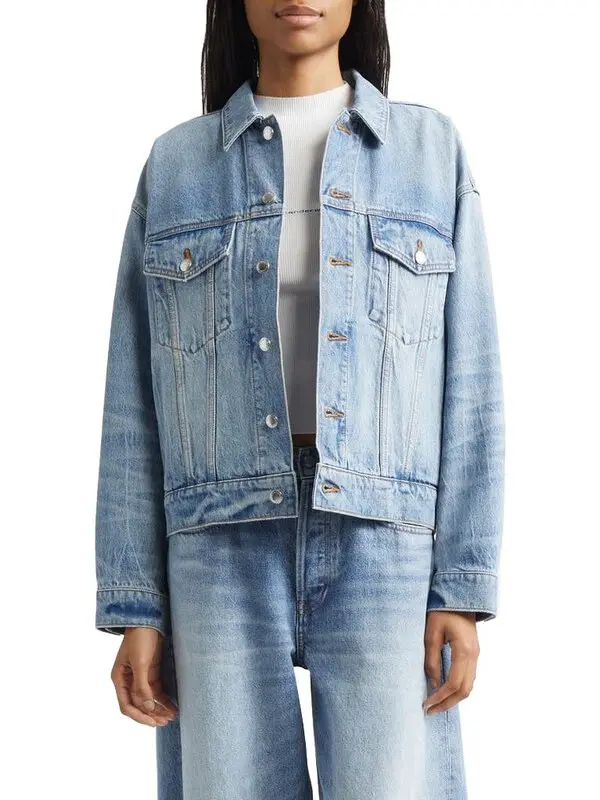 Alexander Wang Game Distressed Logo Denim Jacket - Authentic Light Indigo