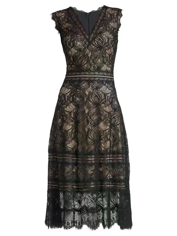 Tadashi Shoji Lace V-neck Tea Length Dress - Black