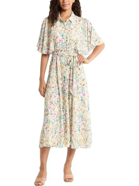 Vince Camuto Printed Flutter Sleeve Maxi Dress - Antique White