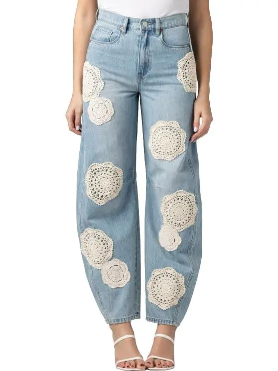 Blanknyc Crochet Patch Barrel Leg Jeans - Surf Camp