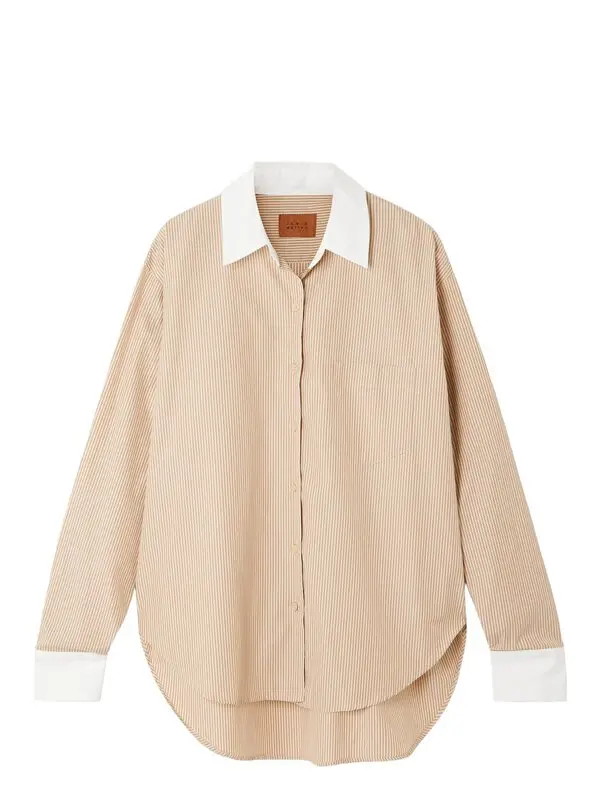 JAMIE HALLER Tipped Striped Cotton-poplin Shirt - Brown