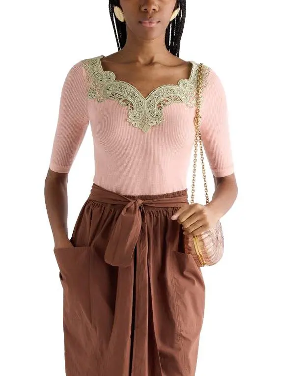 Chloé Lace Trim Ribbed Wool Sweater - Tender Pink