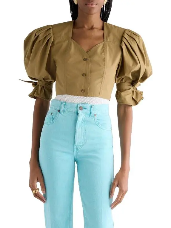 Chloé Puff Sleeve Cotton Crop Top - Amber Olive