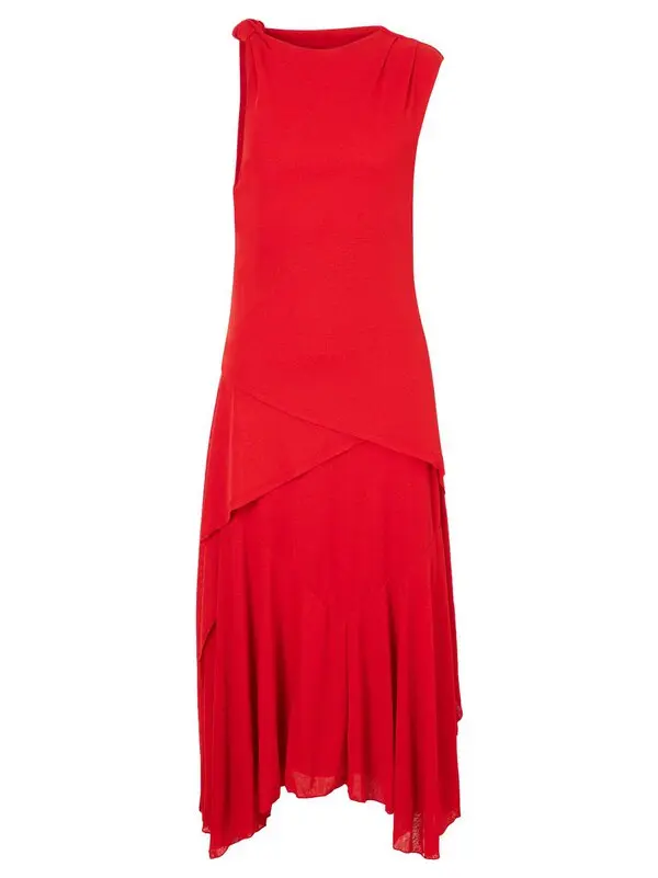 GANNI Marl Asymmetric Draped Gauze Midi Dress - Red