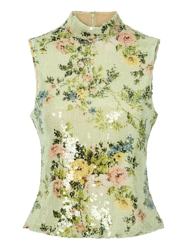 Brandon Maxwell Piper Sequined Floral-print Mesh Turtleneck Top - Green