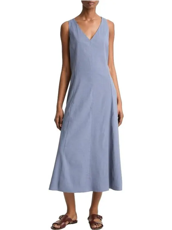 Vince Linen-blend V-neck Dress - Blue / Multicolor