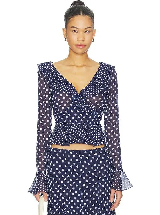 GUIZIO Mallorca Ruffle Wrap Top - Navy Mixed Polka Dot