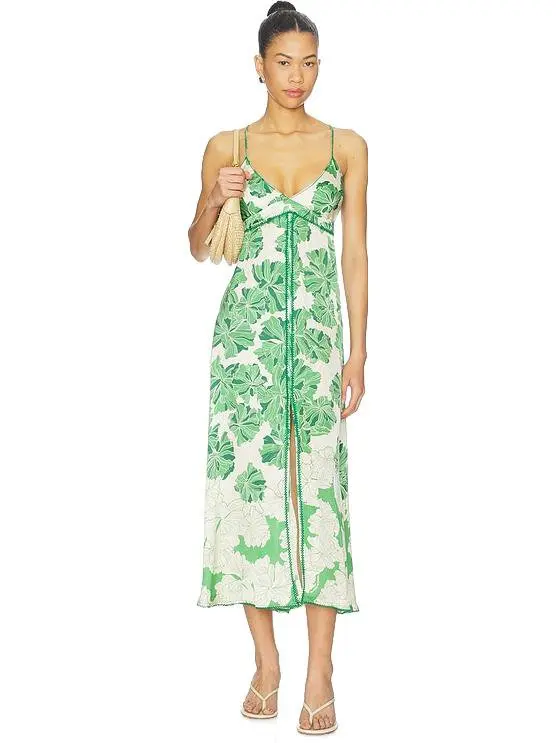 Poupette St Barth Denise Long Dress In Green,cream - Green Flower Bunch