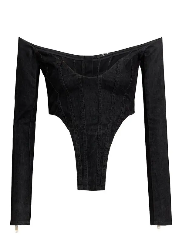 Balmain Off-the-shoulder Asymmetric Denim Top - Black