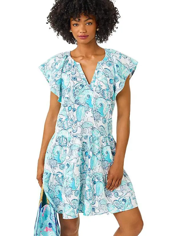 Lilly Pulitzer® Norella Flutter Sleeve Linen Dress - Resort White Shell Shine