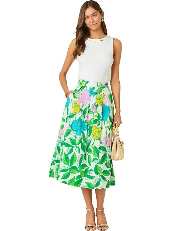 LILLY PULITZER Izela Midi Skirt - Multi Rose Bud Engineered Skirt