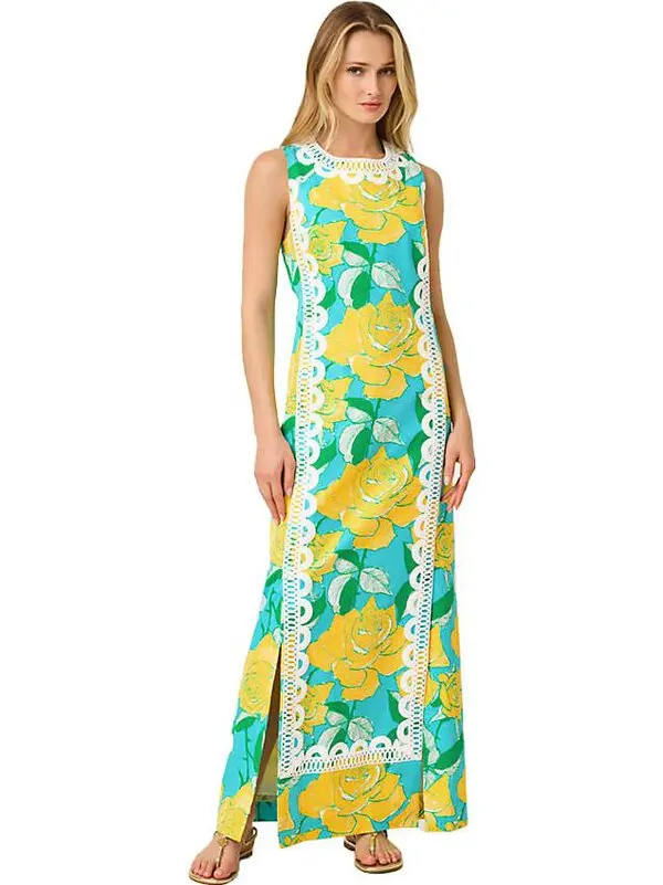 LILLY PULITZER Lotta Stretch Maxi Shift Dress - Blue Curacao Rose Bud