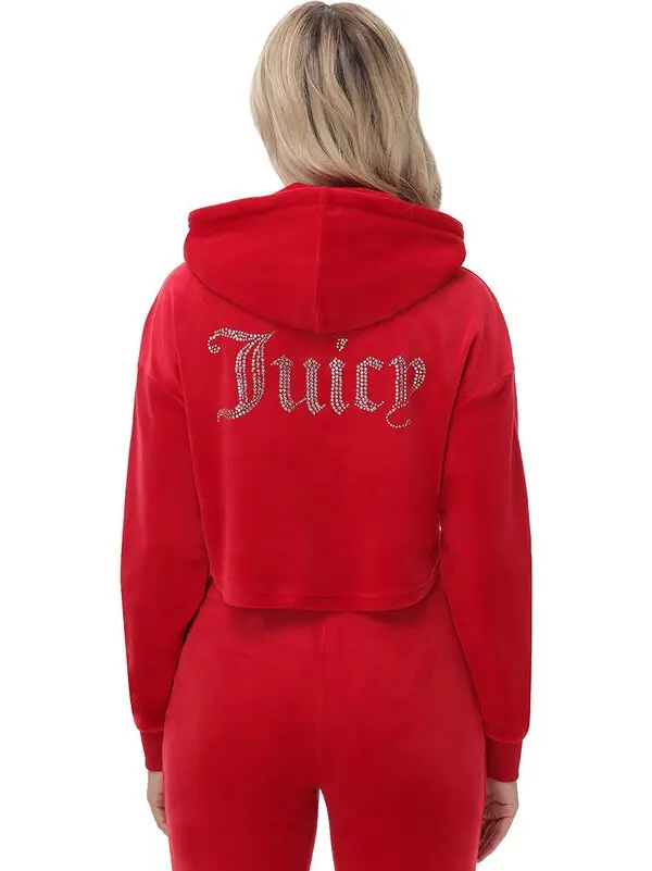 Juicy Couture Logo Rhinestone Cropped Hoodie - Coco Red