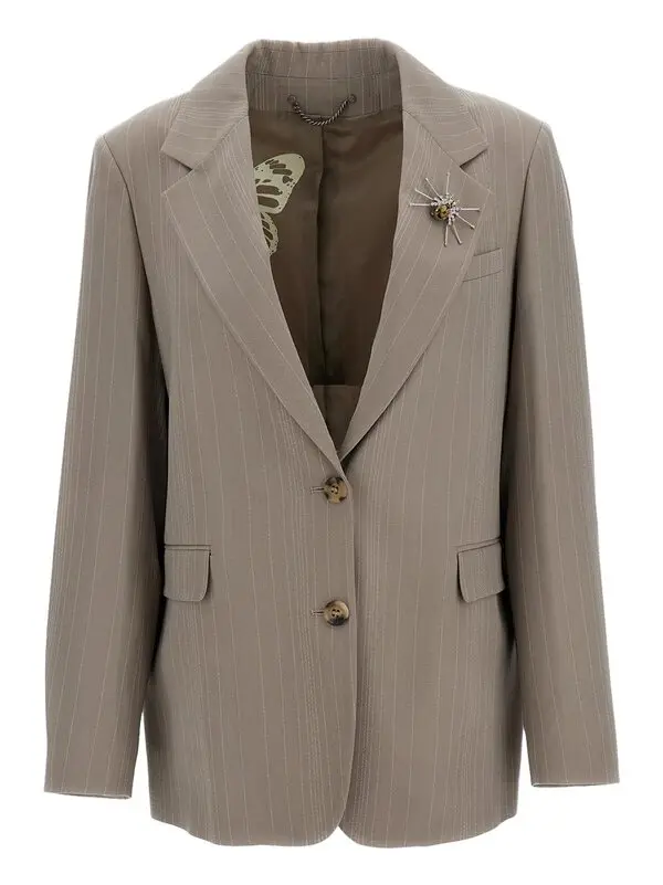 GOLDEN GOOSE Pinstripe Blazer With Brooch - Grey