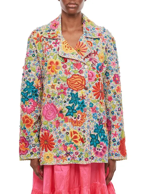 Pero Floral Embroidered Double-breasted Jacket - Multicolor
