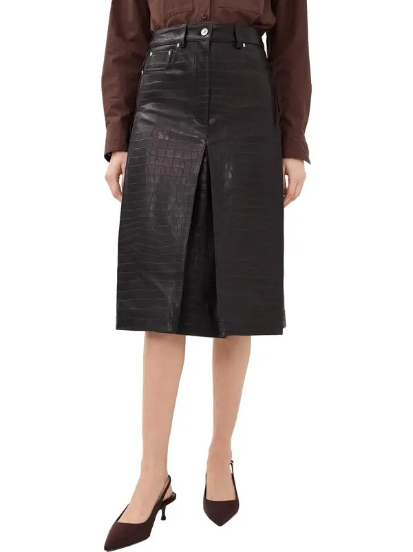 Rabanne Lamb Leather Croc Embossed Skirt - Dark Brown
