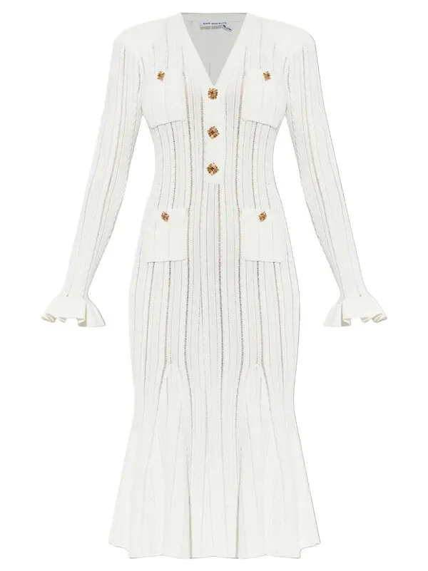 SELF-PORTRAIT Cable Knit Midi Dress With Pockets - White