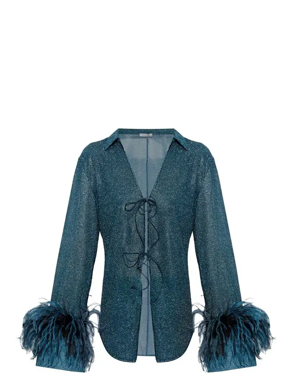 Oseree Lurex Shirt With Feather Cuffs - Blue