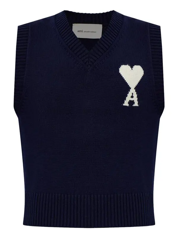 Ami V-neck Sleeveless Knit Vest - Navy Blue