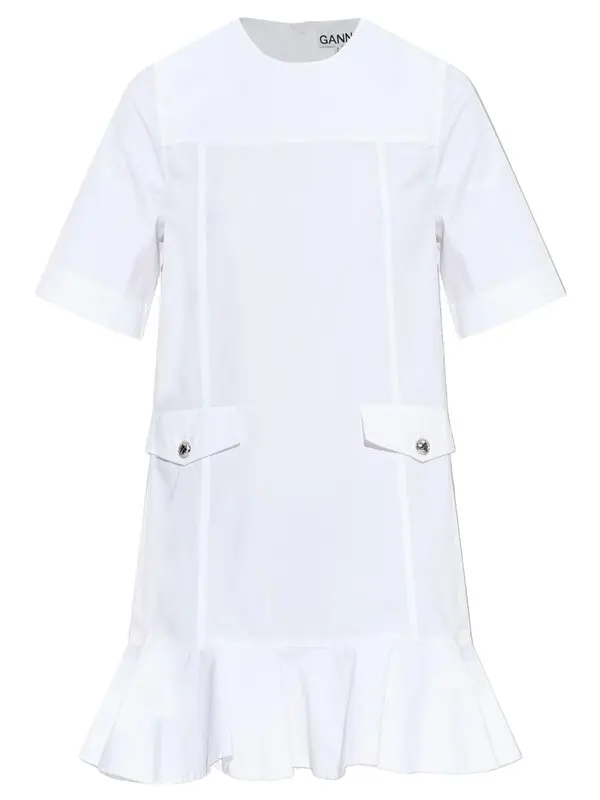 GANNI Frilled Hem Cotton Blend Dress - White