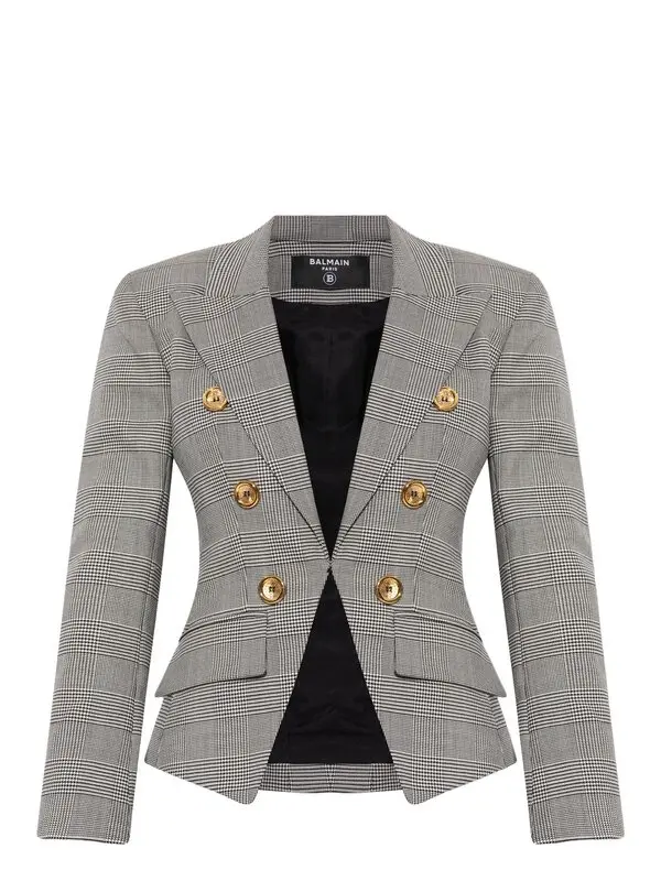 Balmain Checked Pattern Double-breasted Blazer - Grey