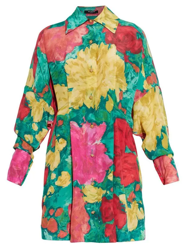 Balmain Floral Silk Mini Shirt Dress - Multicolour