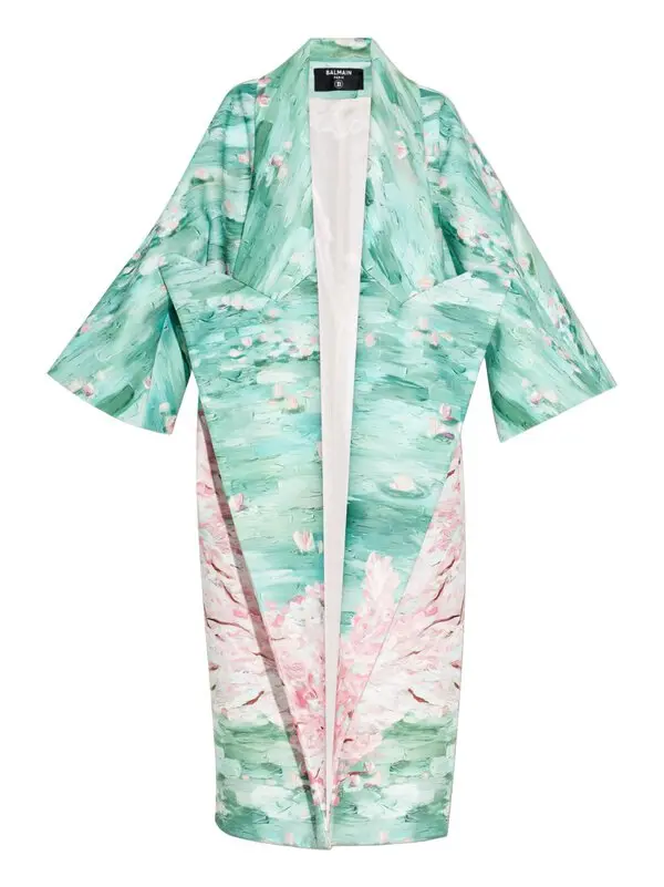 Balmain Floral Motif Long Coat - Green