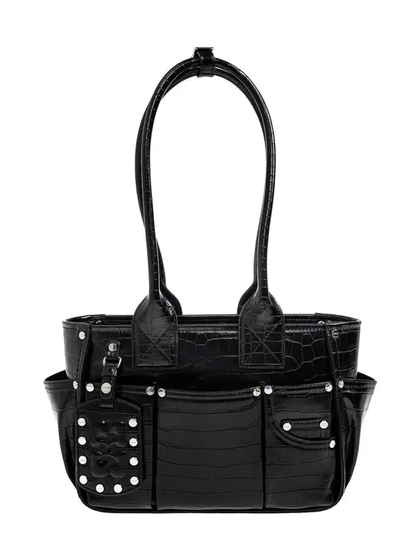 GANNI Croc-embossed Leather Shoulder Bag - Black