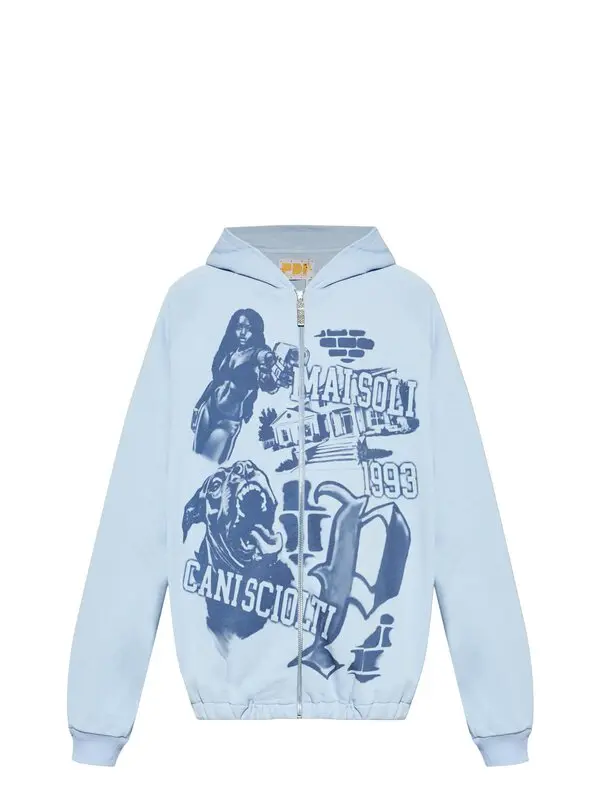 PDF Printed Zip-up Cotton Hoodie - Blue