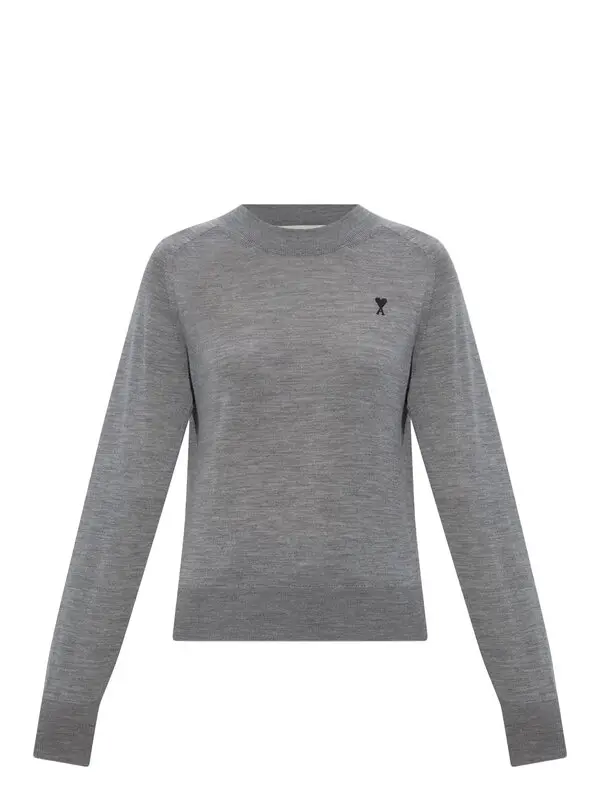 Ami Wool Sweater With Embroidered Logo - Grey