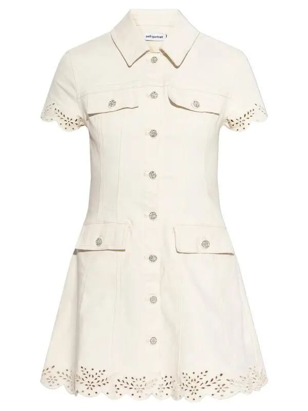 SELF-PORTRAIT Denim Mini Dress With Scalloped Openwork - Cream