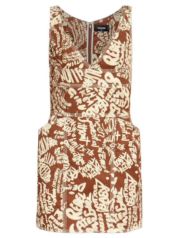 Dsquared2 Printed Denim Mini Dress With Pockets - Brown