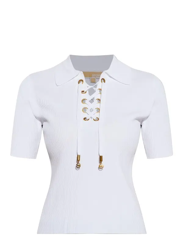 Michael Kors Ribbed Polo With Lace-up Neckline - White