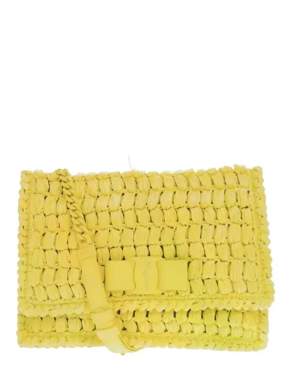 FERRAGAMO 2010-2025 Raffia Effect Crochet Viva Bow Shoulder Bag - Yellow