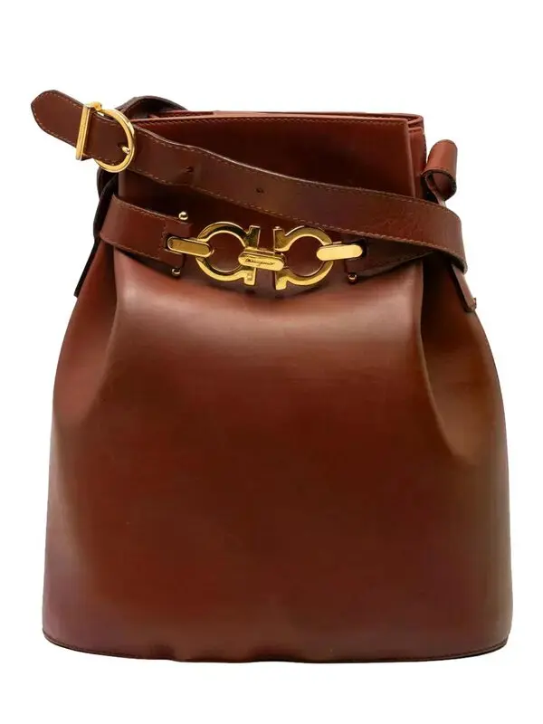 FERRAGAMO Leather Double Gancini Bucket Bag - Brown