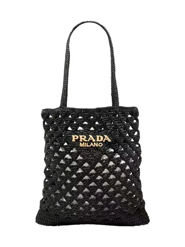 Prada Raffia Effect Crochet Logo Embroidered Tote Bag - Black
