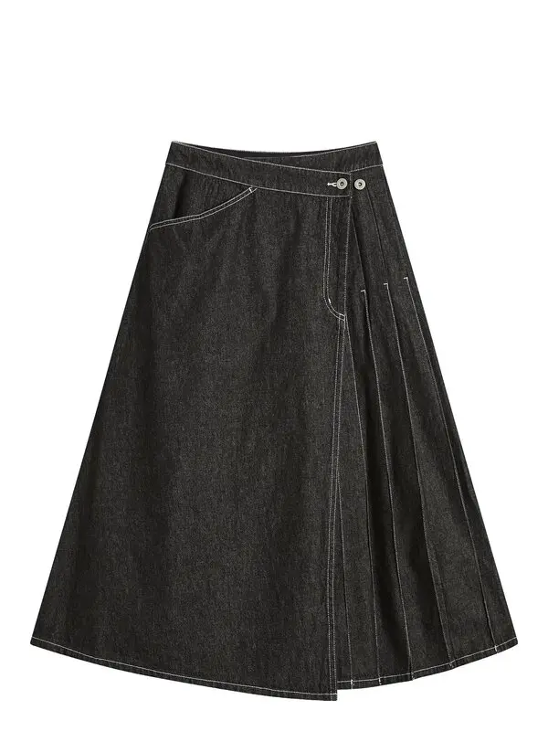 BEAMS Wrapped Pleated Denim Skirt - Black