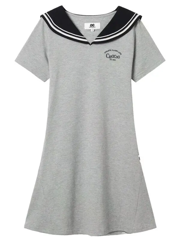 CHOCOOLATE Sailor Collar Short Sleeve Dress - Grey
