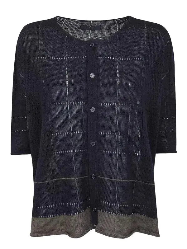 Y’s Grid Pattern Button Cardigan - Blue