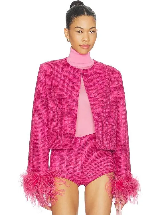 MILKWHITE Feather Trimmed Tweed Blazer - Fuchsia
