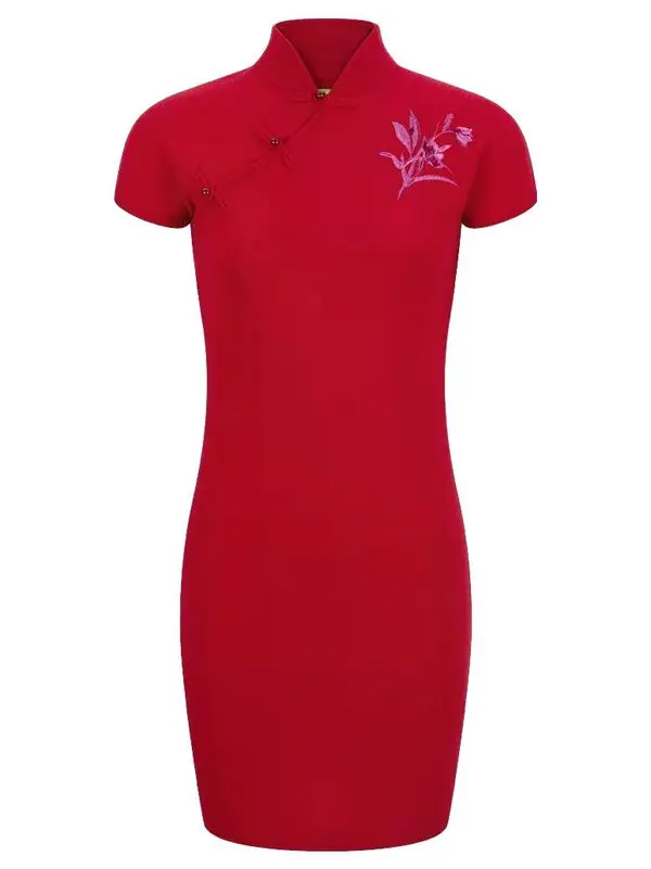 Shanghai Tang Floral-embroidered Mini Dress - Red