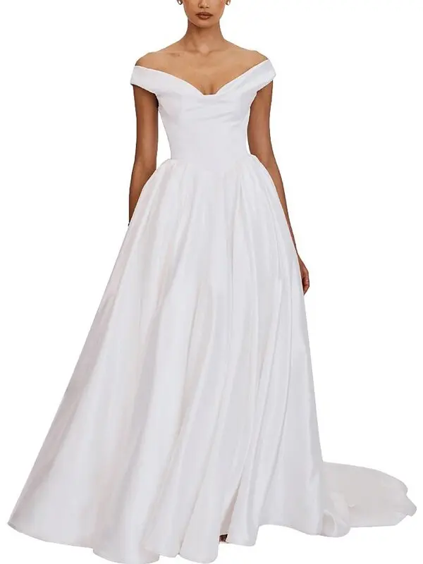 MISS CIRCLE Satin Bardot Cowl Gown - White