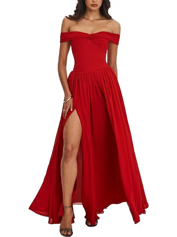 MISS CIRCLE Tereza Georgette Bardot High-slit Maxi Dress - Crimson