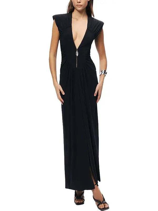 NOCTURNE Ruched Deep V-neck Maxi Dress - Black