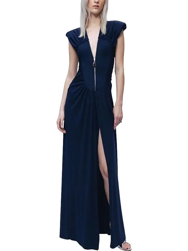 NOCTURNE Zip-front Draped Maxi Dress - Navy