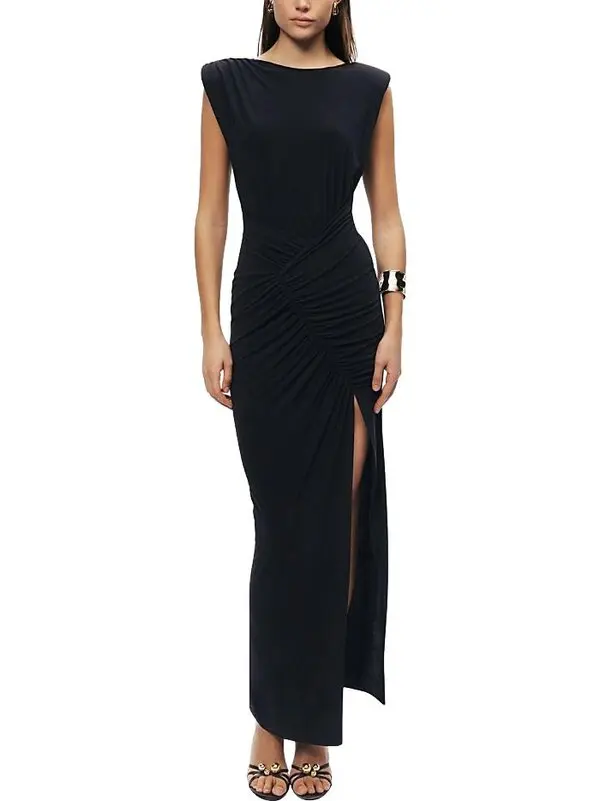 NOCTURNE Ruched Side-slit Maxi Dress - Black