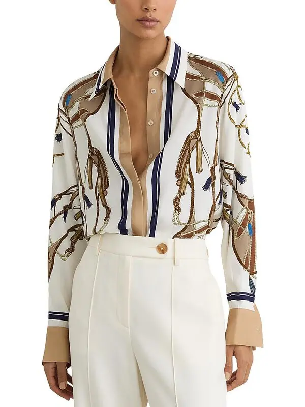 REISS Scarf Printed Shirt - Ivory/brown